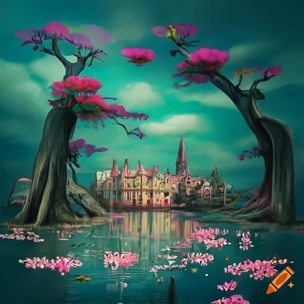 Surreal artwork of floating trees and flowers in a town