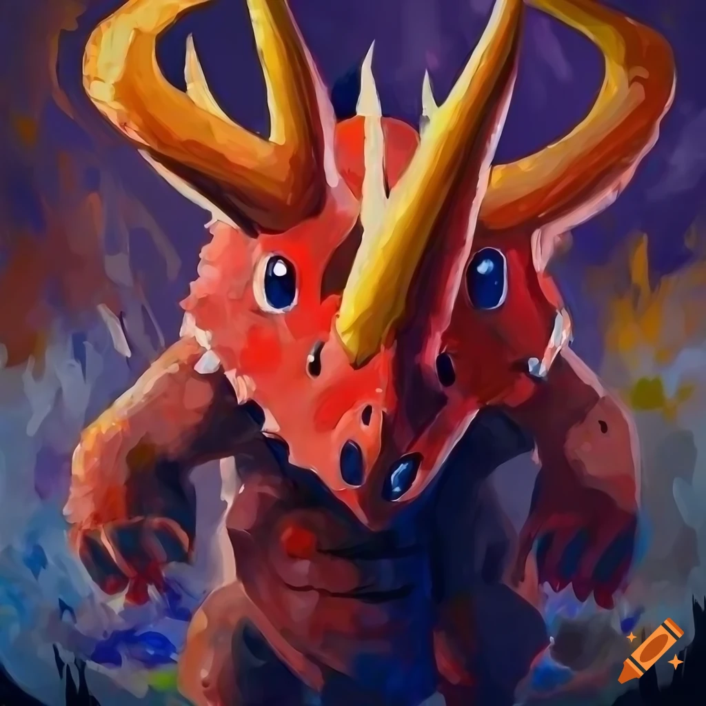 Knife palette painting of a red pokemon by a river