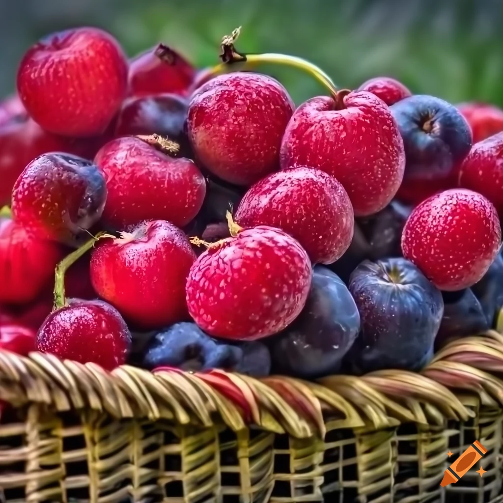 Macro photography of fresh red fruits in a basket on Craiyon