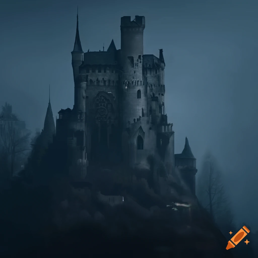 Eerie gothic castle at night surrounded by mist on Craiyon