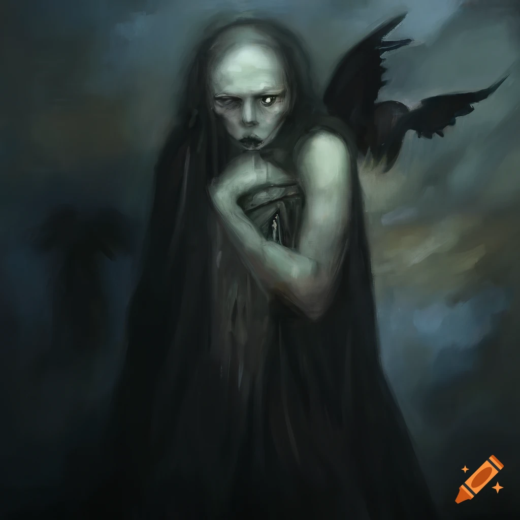 Dark oil painting of a wraith and ravens in a church graveyard on Craiyon