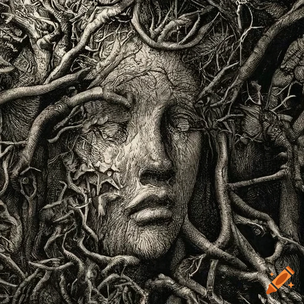 Detailed engraving of fairytale witches made of branches and roots on ...