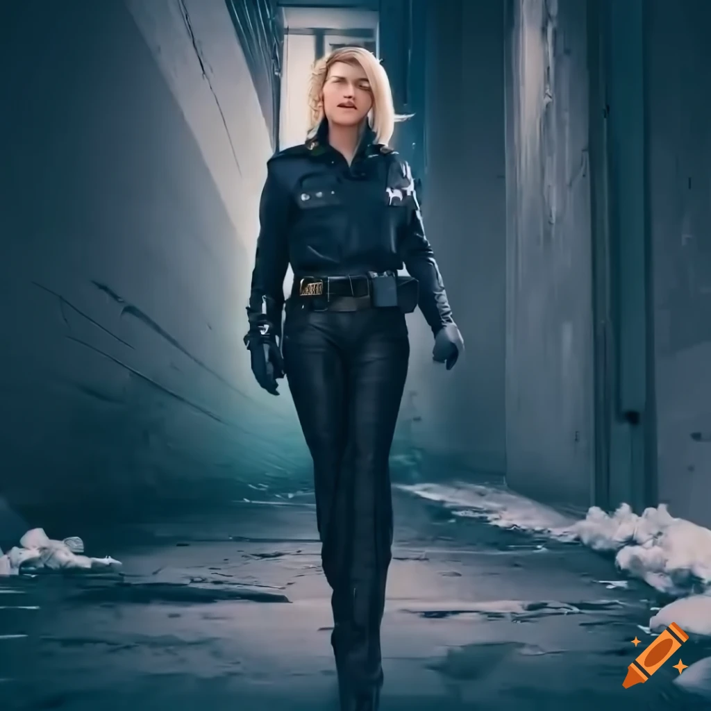 Close-up of a blonde policewoman in a snowy alleyway on Craiyon