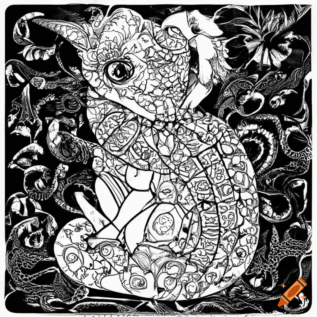 Black and white coloring page with a whimsical creature
