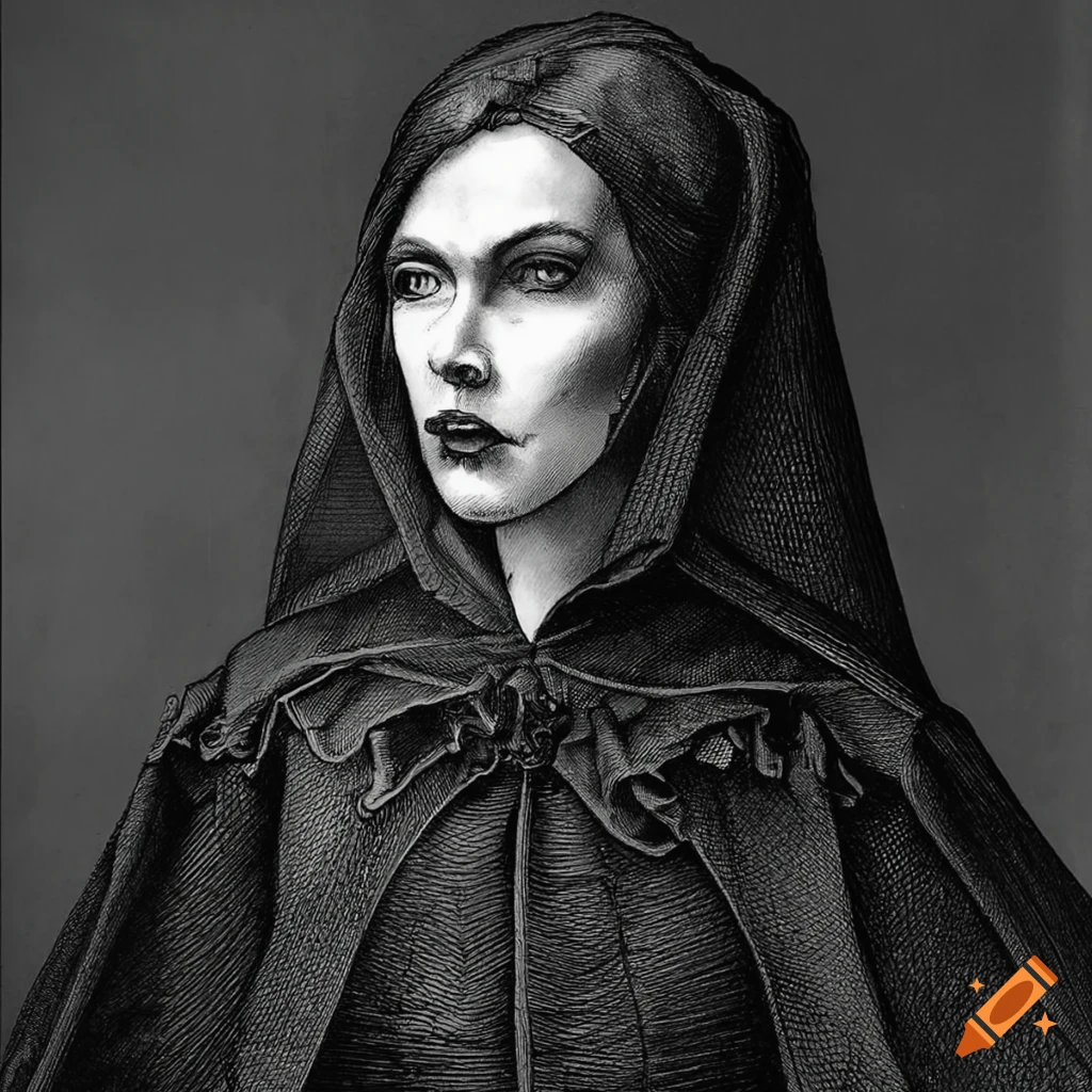 Ink drawing of a female vampire in a victorian costume on Craiyon