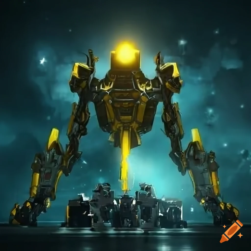 Detailed dark artwork of a yellow mecha battling in space on Craiyon