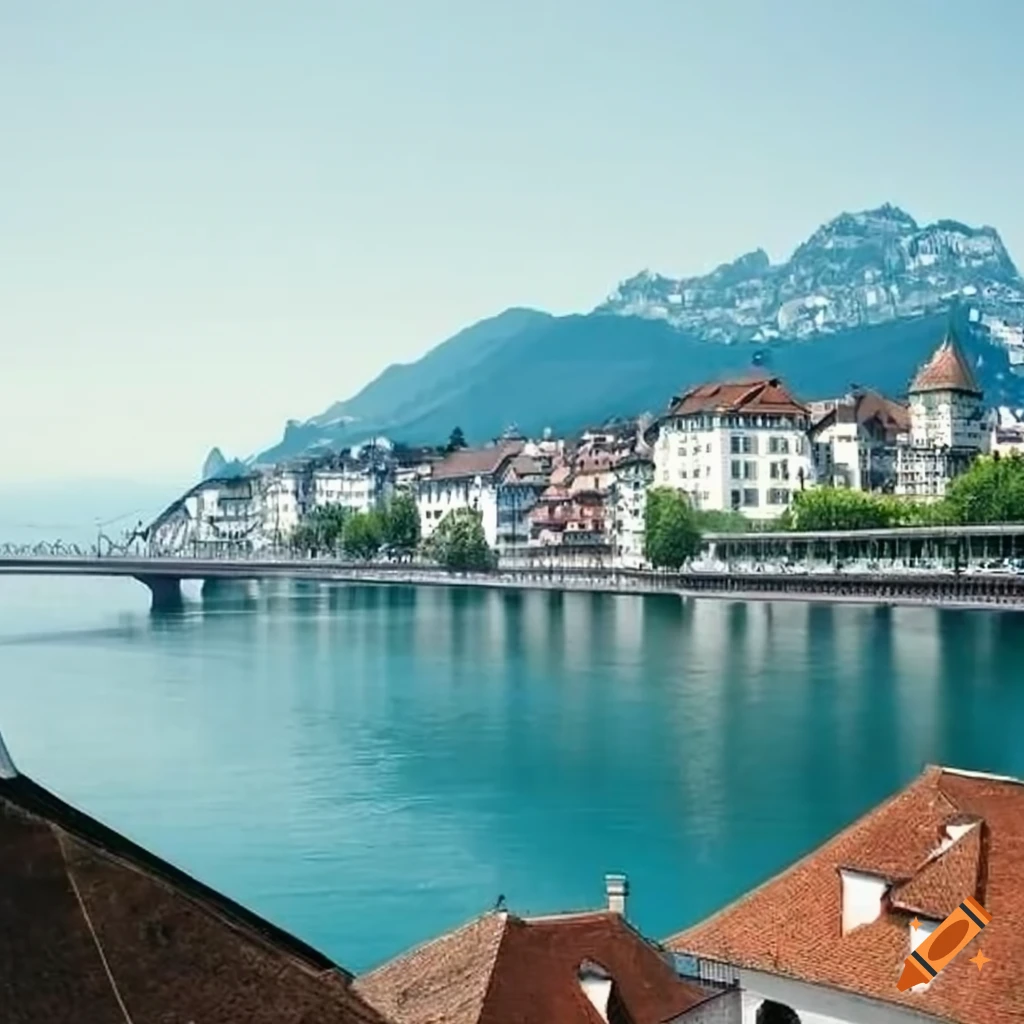 View of the new bridge in lucerne with mountains in the background