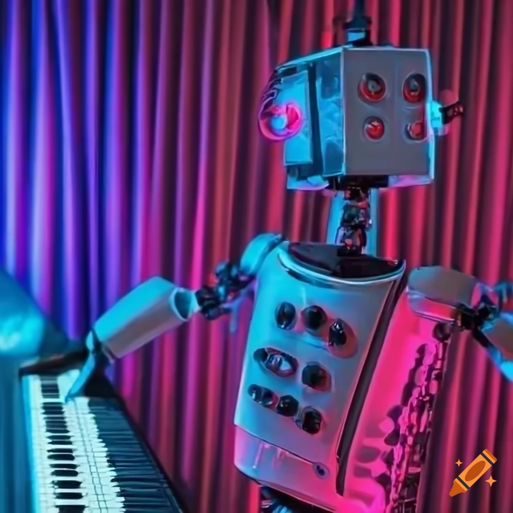 Shiny robot playing a modular synthesizer underwater on Craiyon