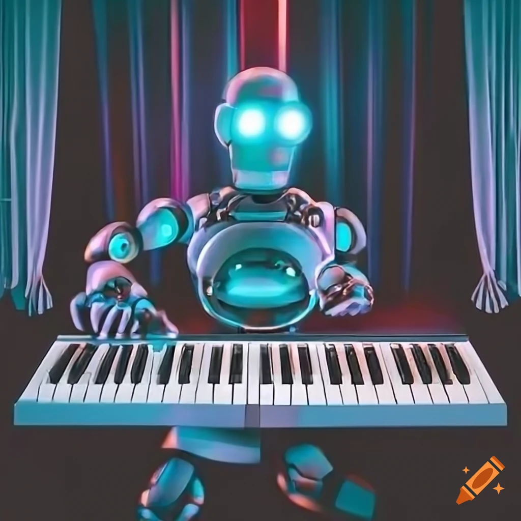 Colorful robot playing keyboard synth on stage on Craiyon