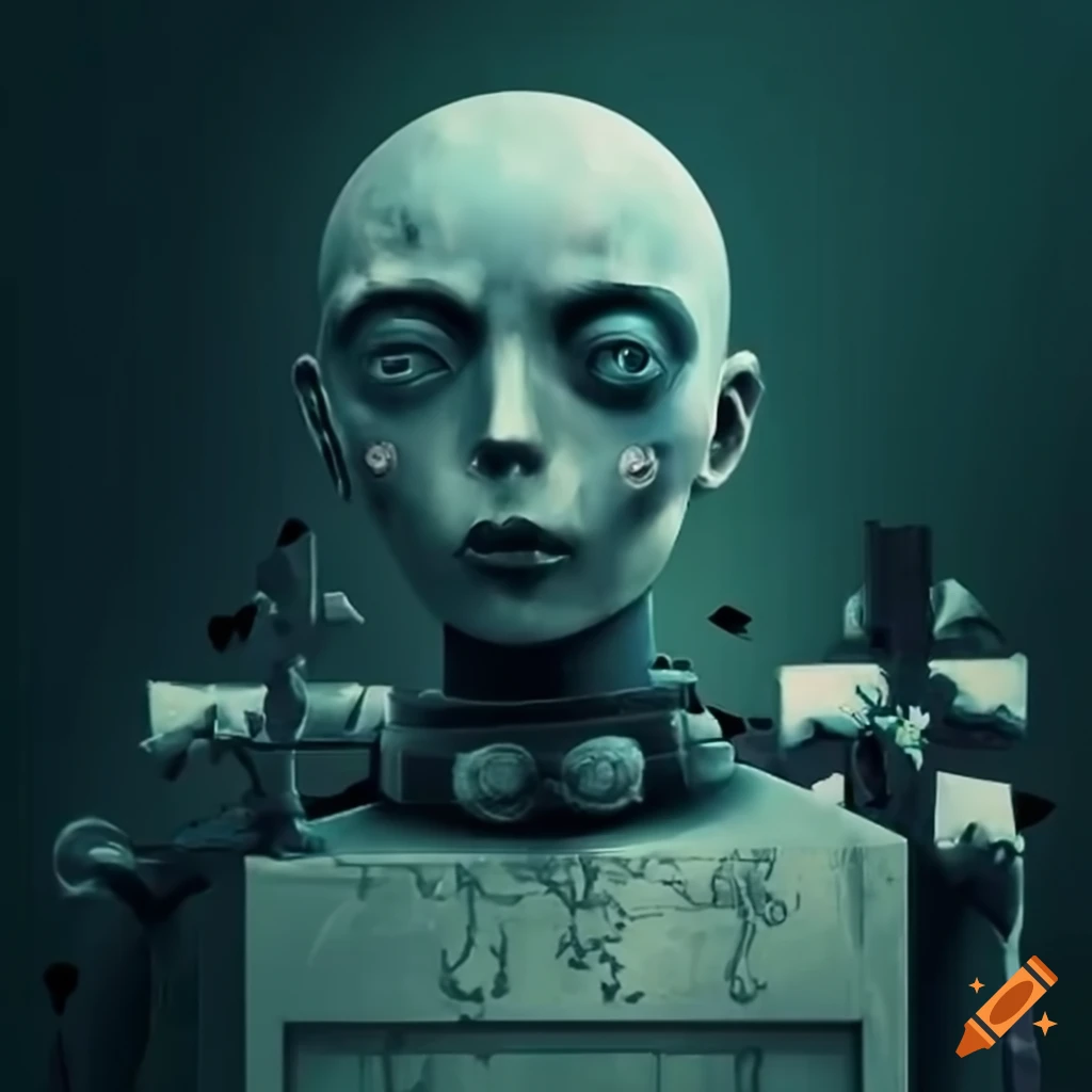 Android standing in a cemetery on Craiyon