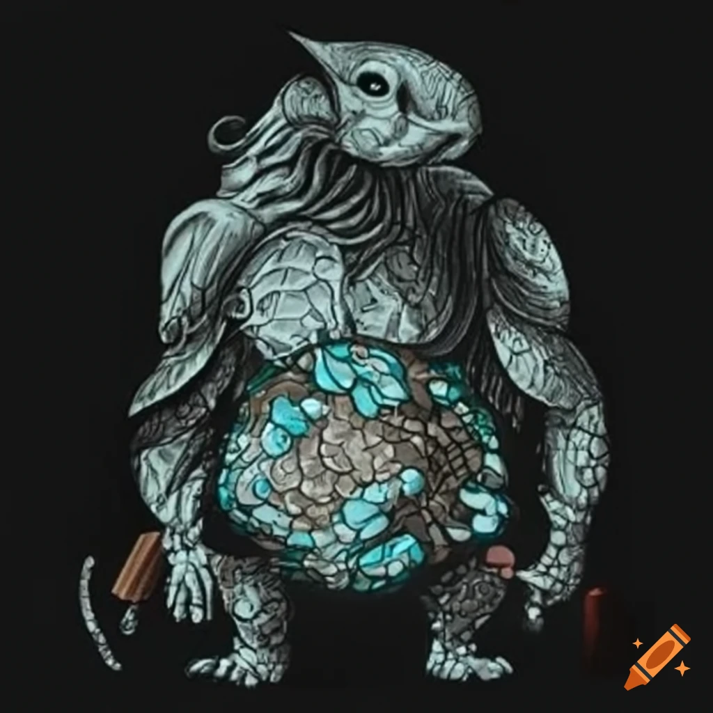 Ukiyo-e style artwork of a colossus and turtle fusion on Craiyon