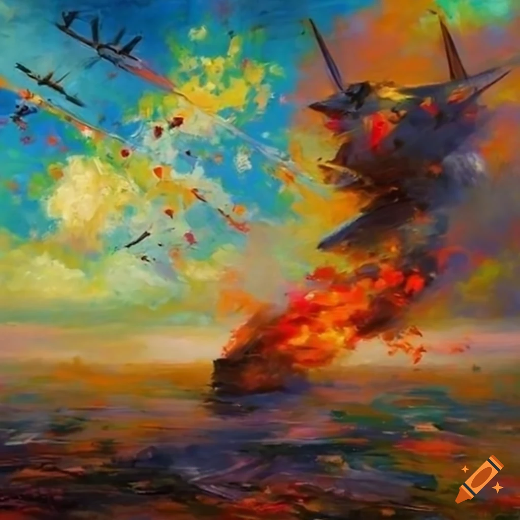 Impressionist painting of a fighter jet above a battlefield on Craiyon