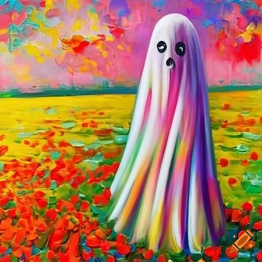 Oil painting of a colourful ghost in a field of flowers on Craiyon