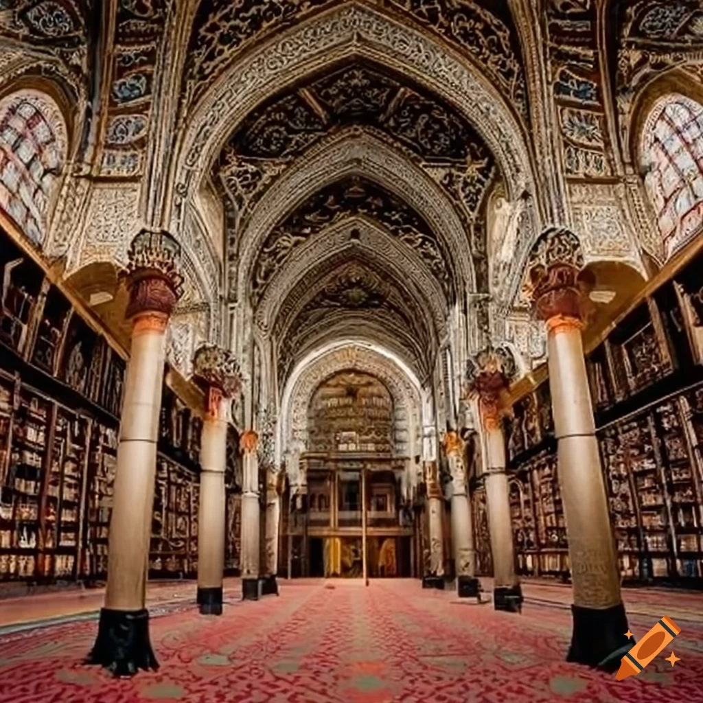 Interior view of a grand Islamic style library on Craiyon