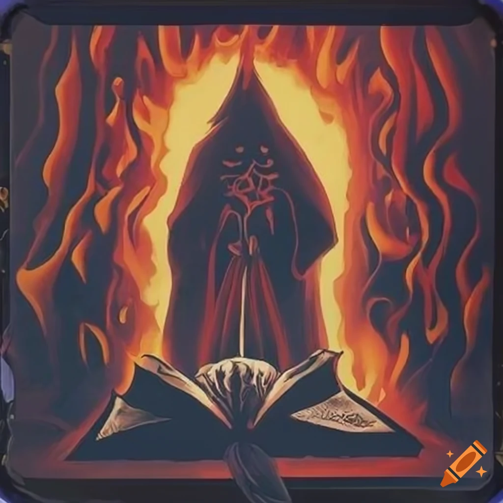 Dark fantasy book cover featuring a wizard in hell on Craiyon