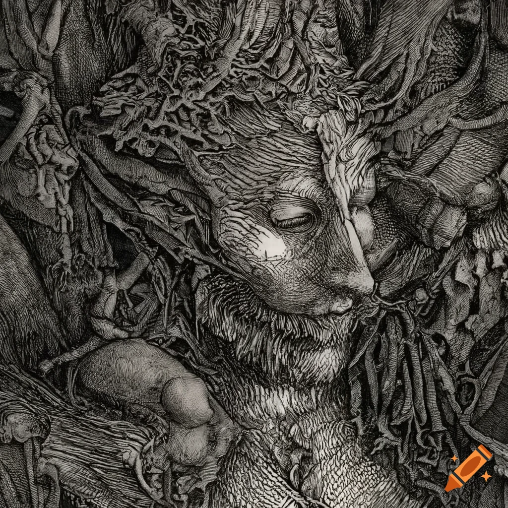 Intricate etching engraving of forest spirits embracing in a birch ...