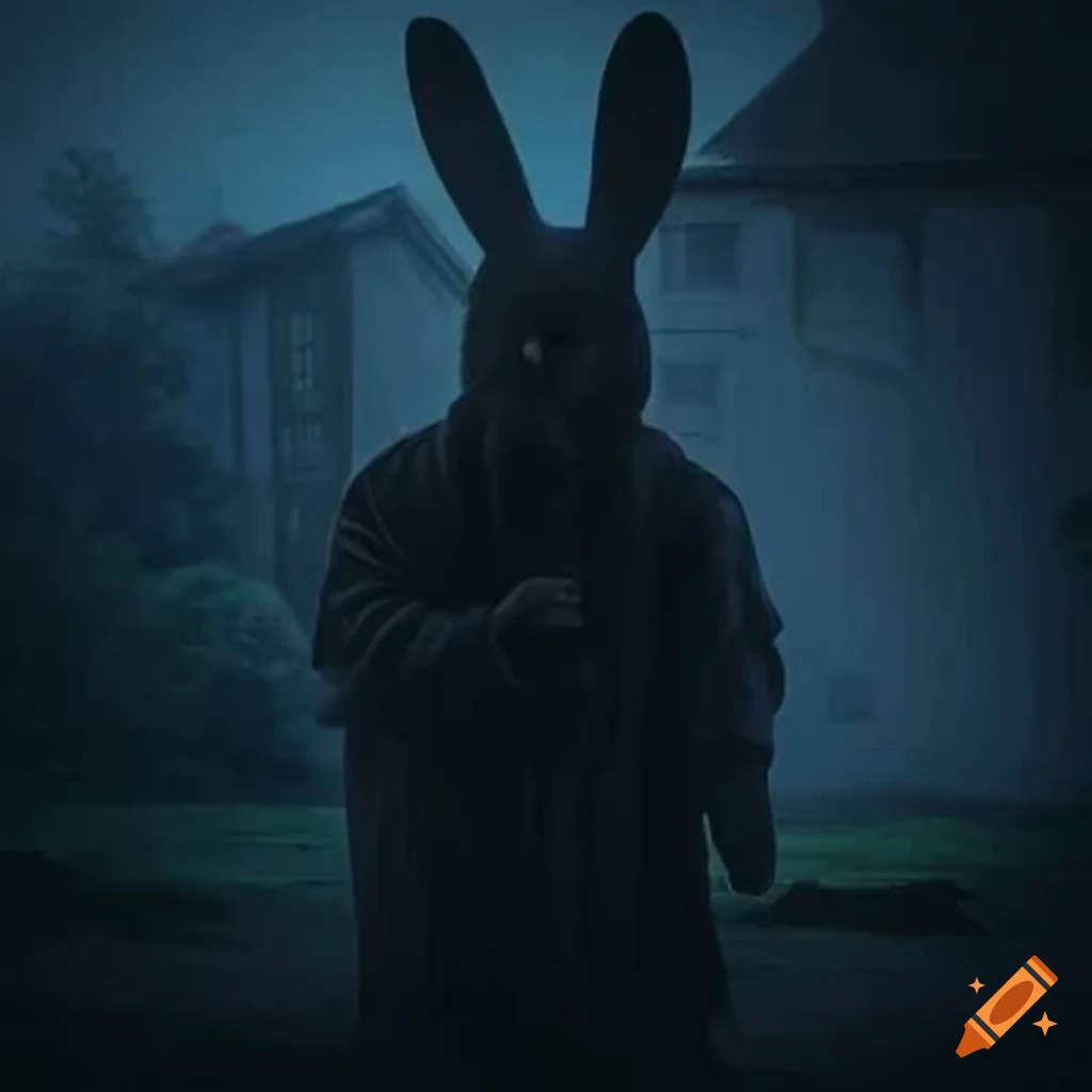 Eerie night scene with a bunnyman and full moon on Craiyon