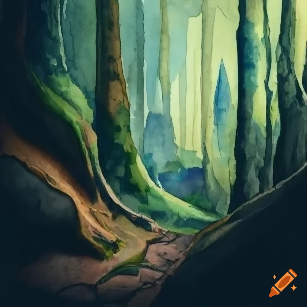 Watercolor painting of a forest on a cliff on Craiyon