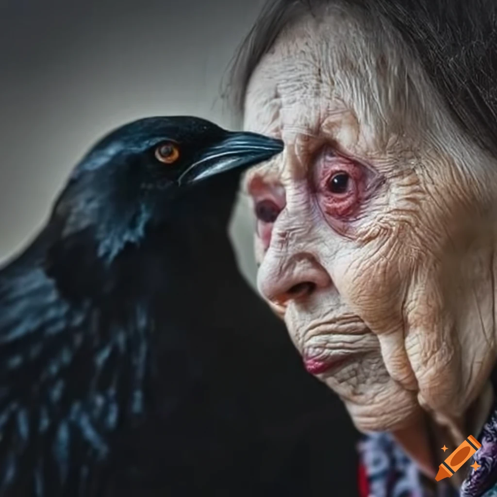 Image of a wise elderly woman with a raven on Craiyon