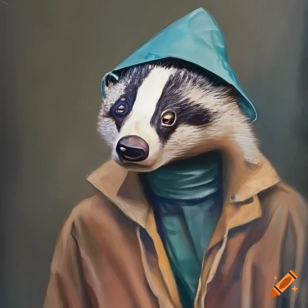 Oil painting of a stylish badger in a raincoat on Craiyon