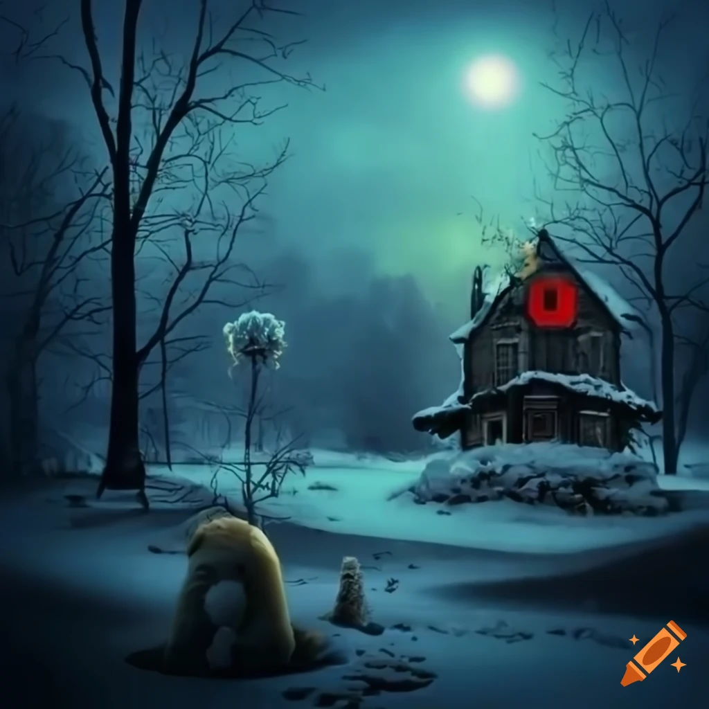 Surrealistic winter scene with strange creatures and colorful lamps on ...