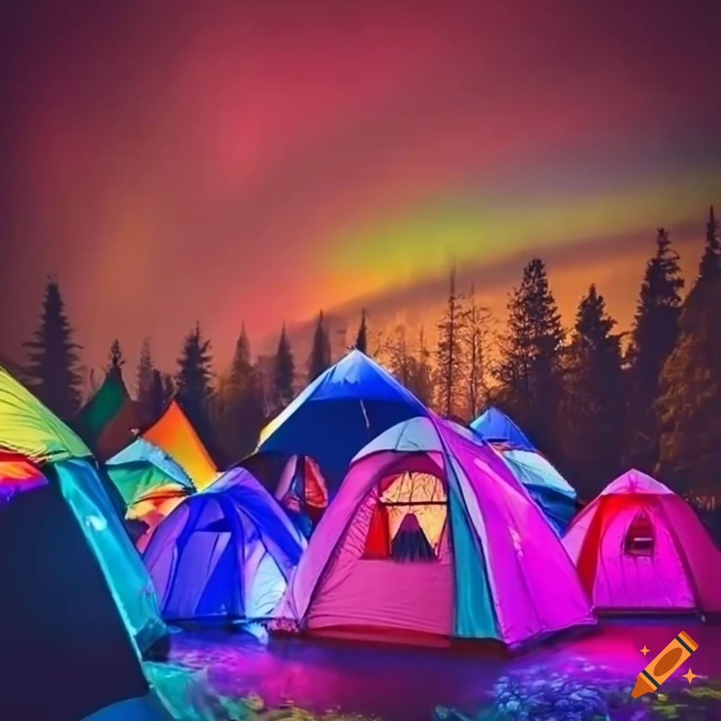 Colorful fantasy scene with adults walking through rainbow wonderland ...