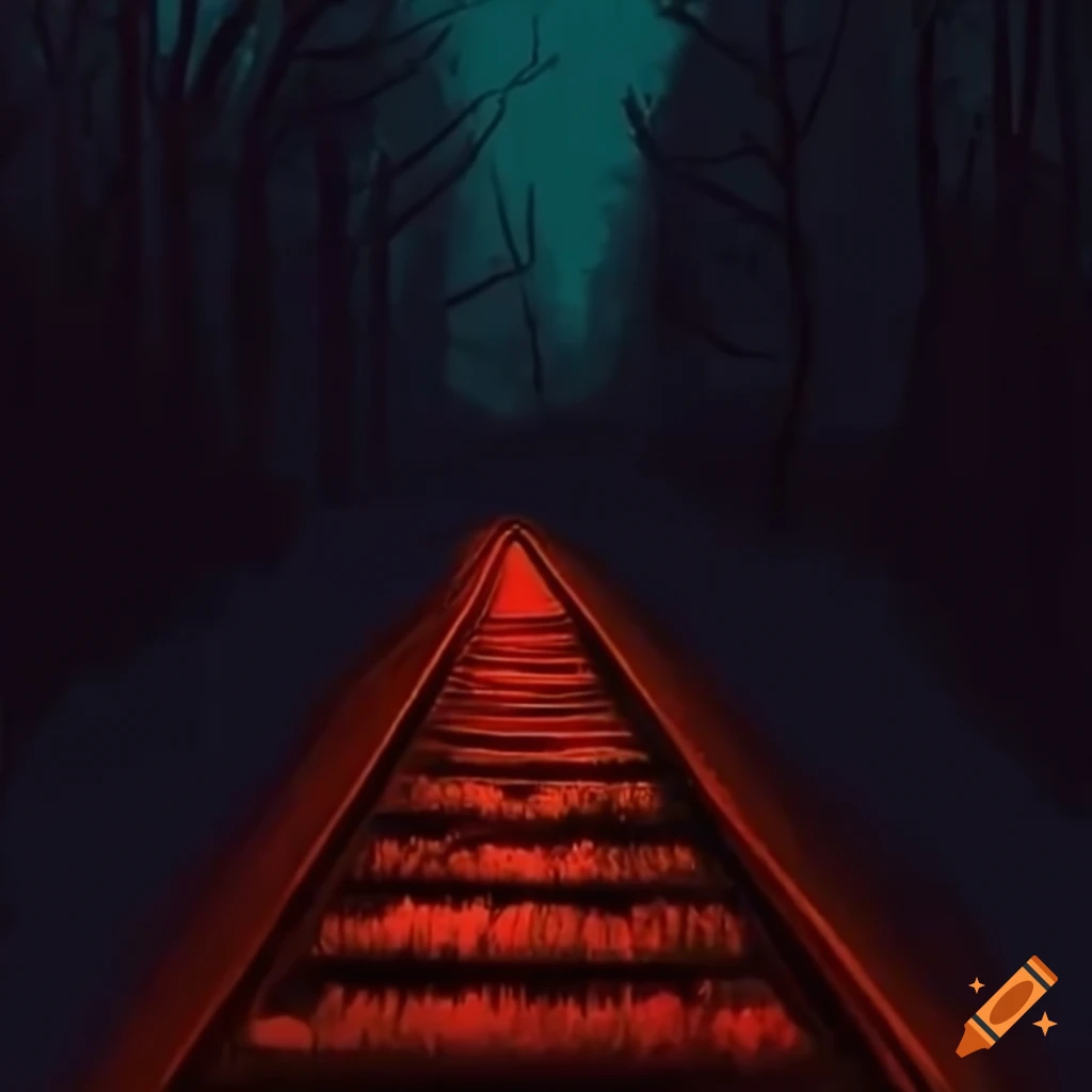 Eerie scene of blood trail on train tracks in the forest on Craiyon