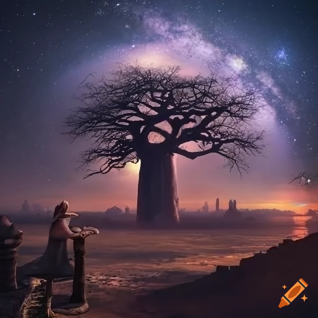 Steampunk fantasy city with ancient baobab tree