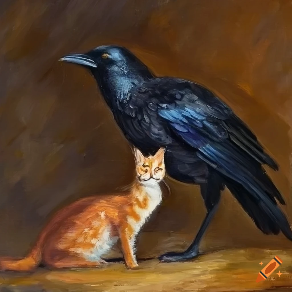 Oil painting of a crow and cat in a barn on Craiyon