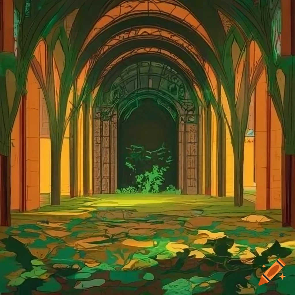 Isometric art of a grand room with vaulted ceiling and stained glass ...