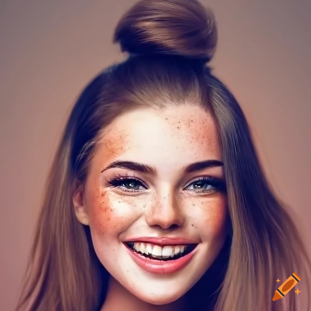 Portrait of a young woman with freckles and dark hair on Craiyon