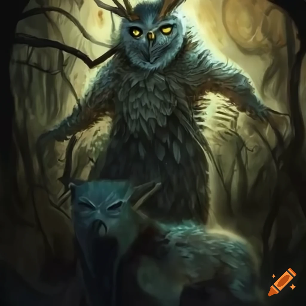 Artwork of a druid owlbear moonkin on Craiyon