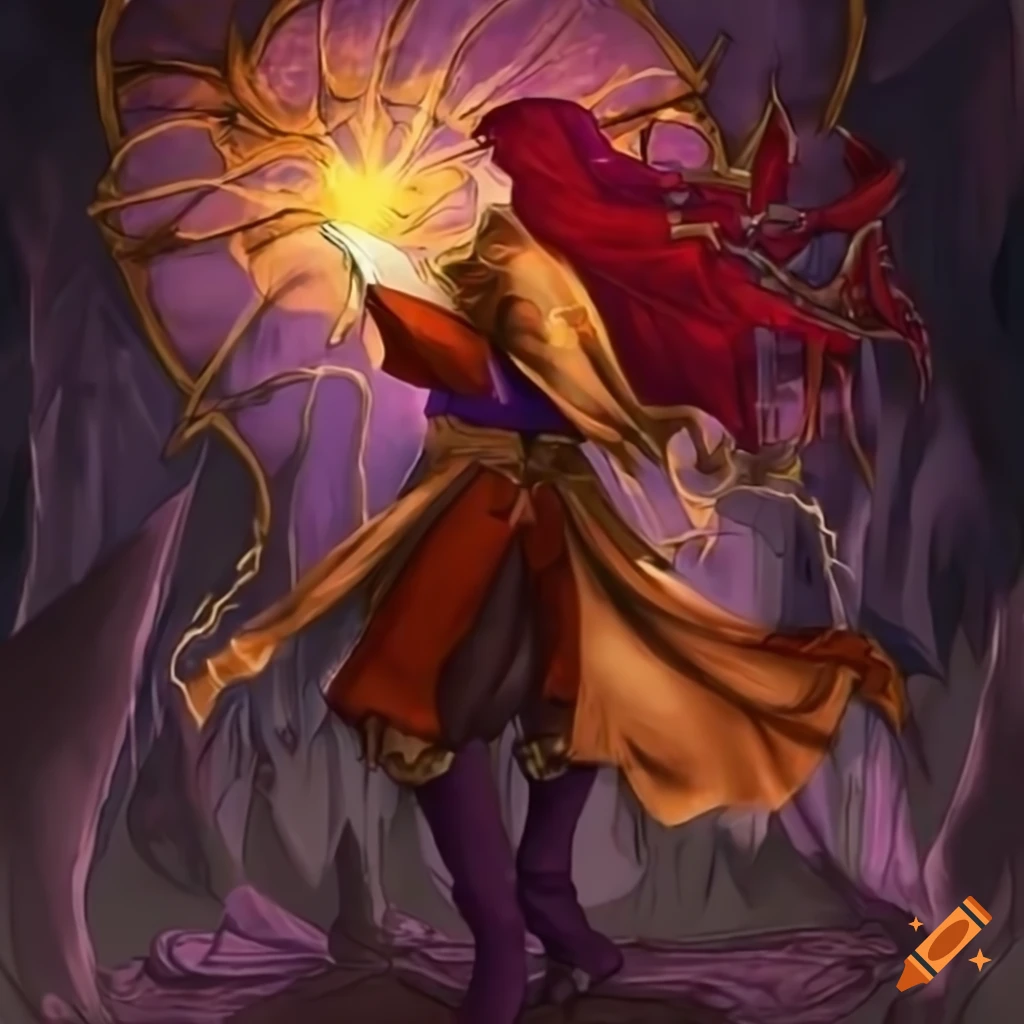 Stained glass style artwork of a mage flying with a book on Craiyon