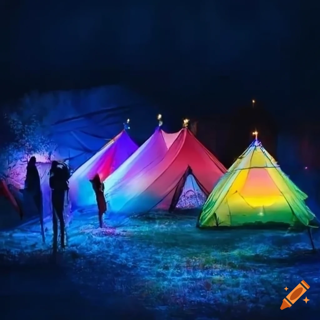 Colorful fantasy scene with adults walking through rainbow wonderland ...