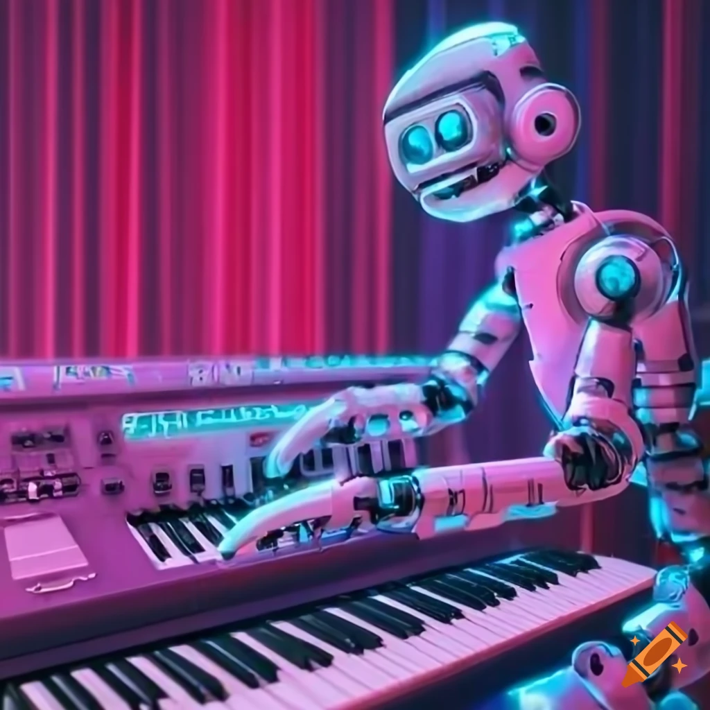 Futuristic robot playing keyboard synth on stage on Craiyon