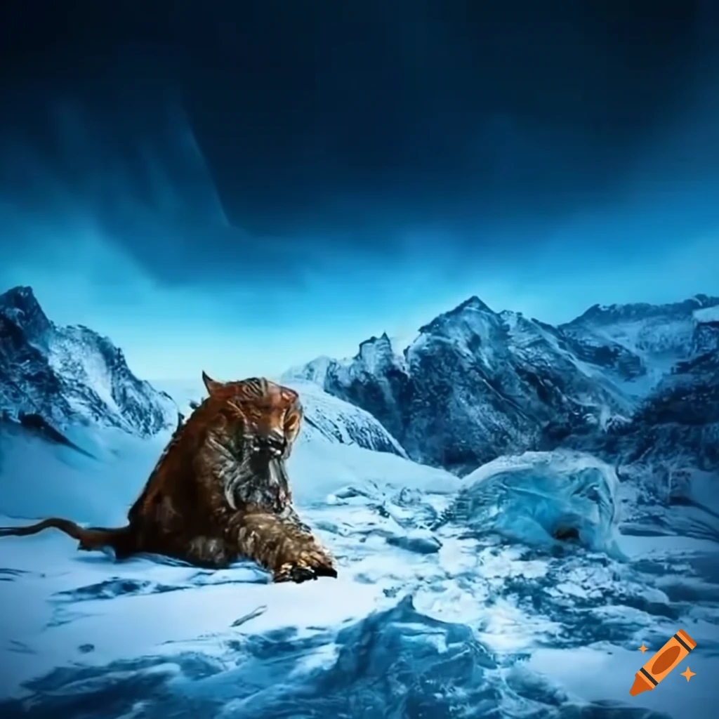 Smilodon with ice fang in snow mountain