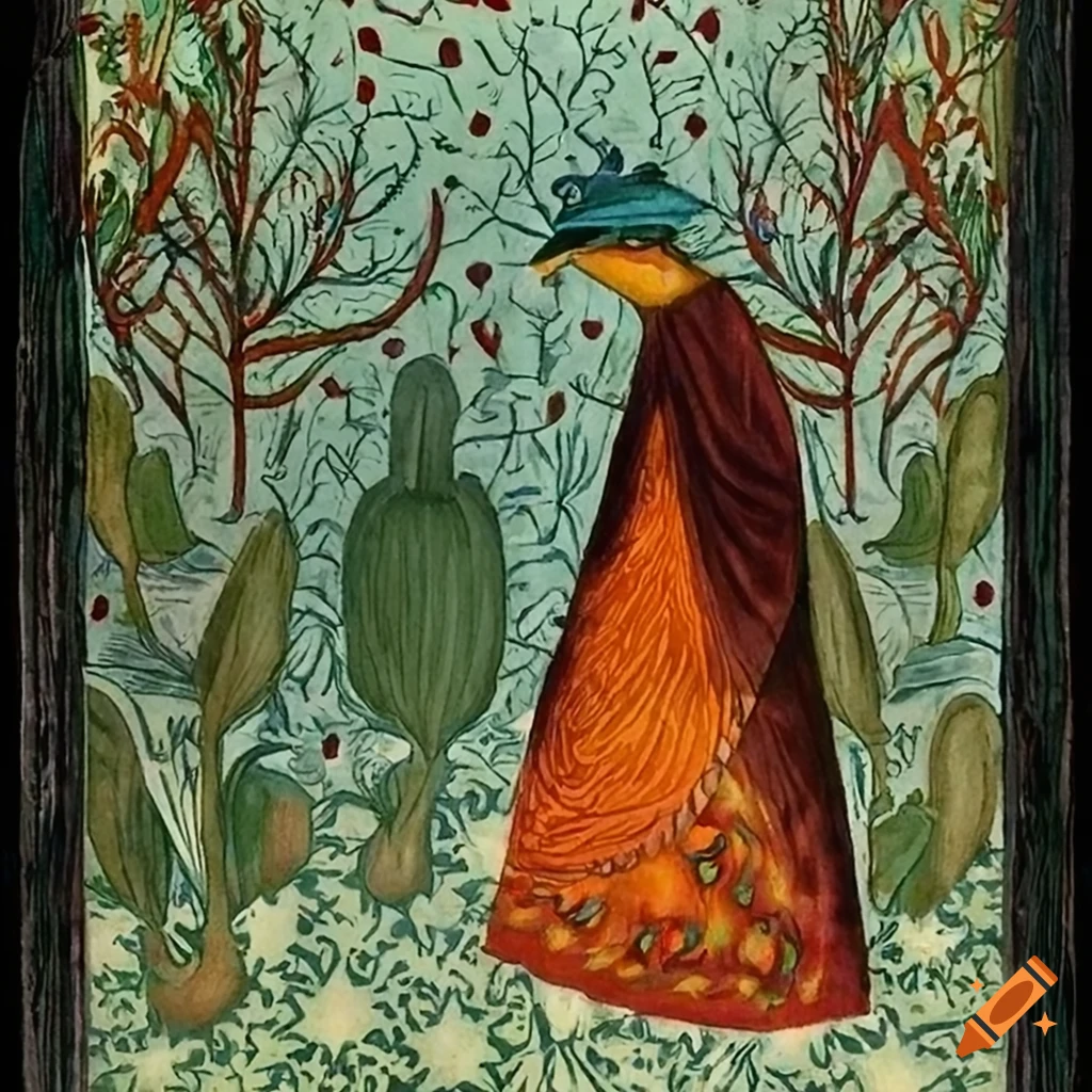 Illustration of mother goose curandera with peacock cloak on Craiyon