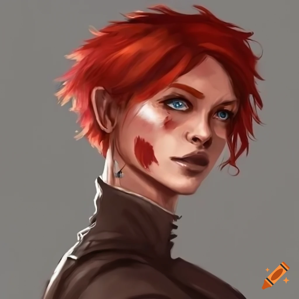 Image of a suave androgynous rogue with red hair and scars