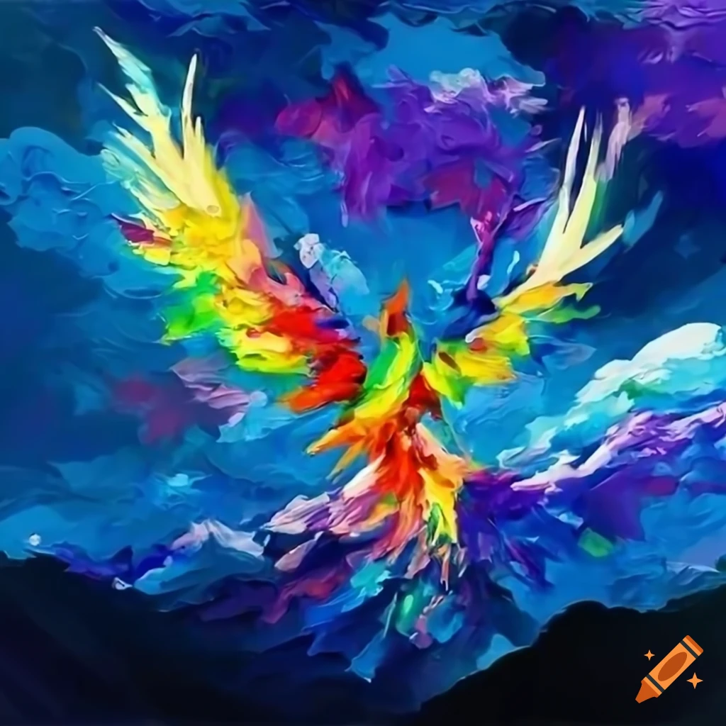 Painting of a rainbow Phoenix flying in the mountains on Craiyon