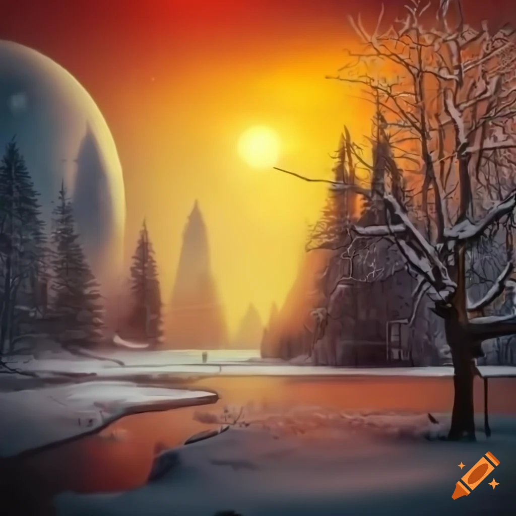 Surrealistic winter scene with strange creatures and frozen trees on ...