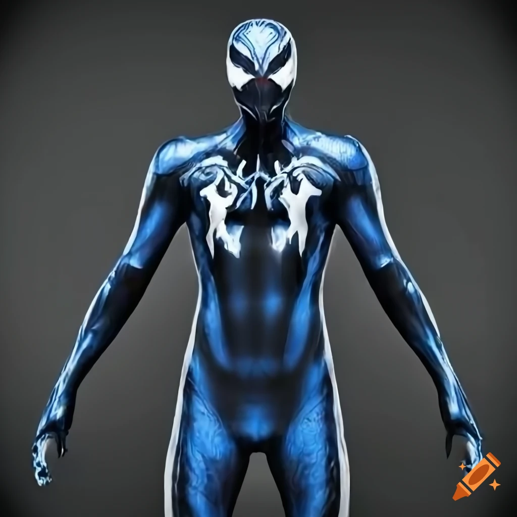 Fan art of black and blue symbiote suit superhero on Craiyon