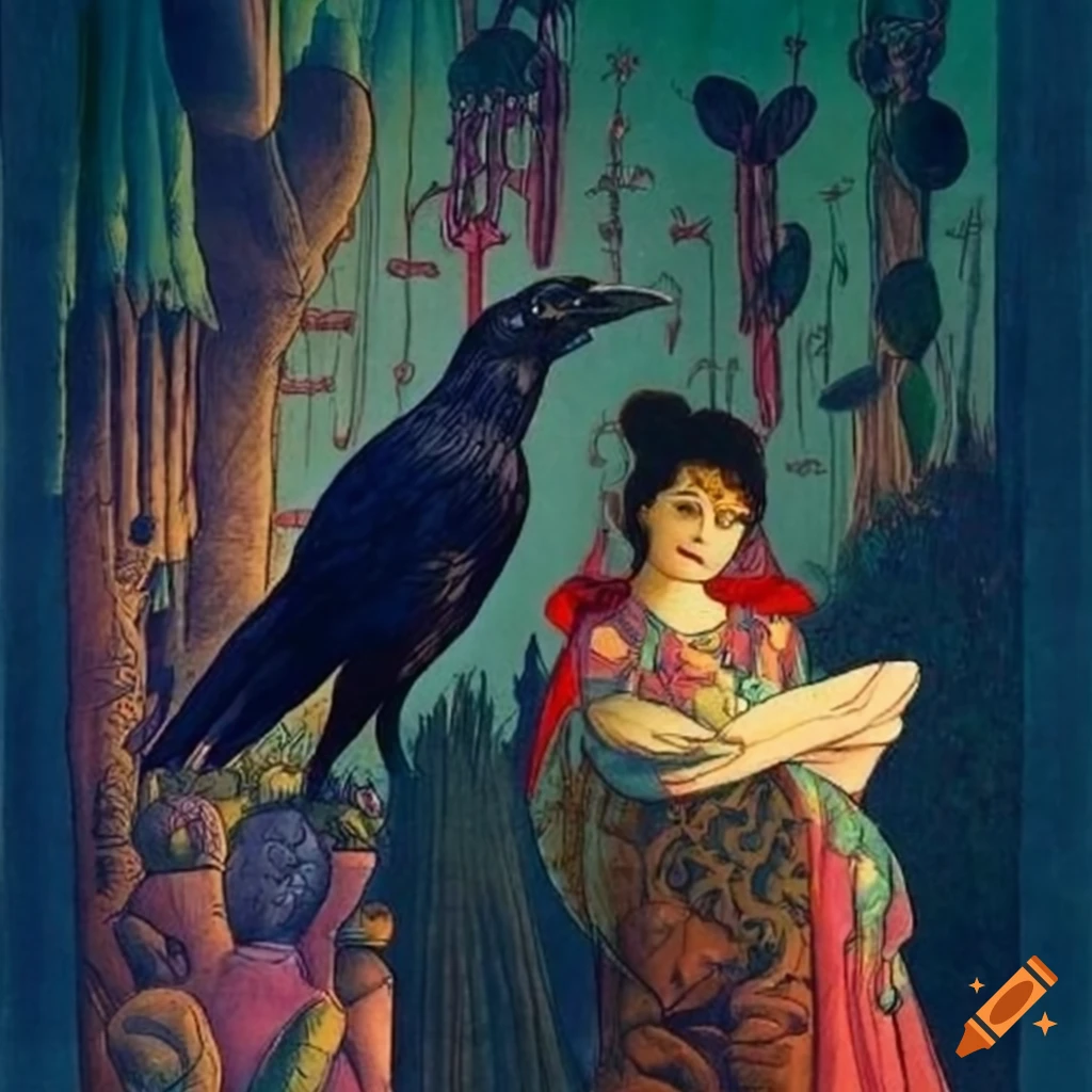 Illustration of mystical curandera raven and elegant mother goose with ...