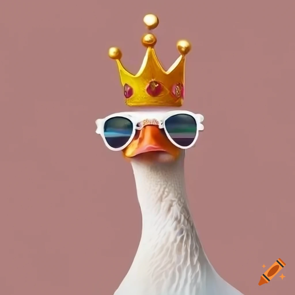 Funny image of a goose wearing a crown and sunglasses on Craiyon
