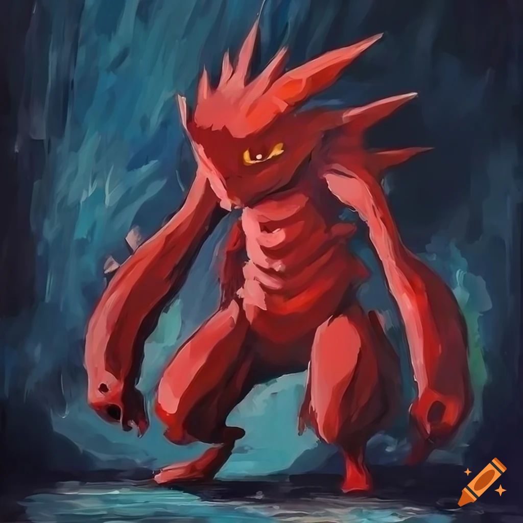 Painting of a red creature by a river