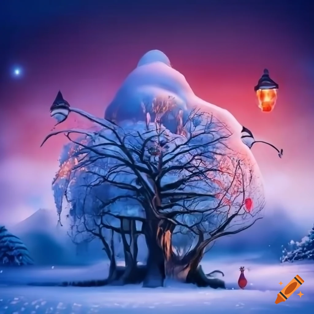 Surrealistic winter scene with strange creatures and frozen trees on ...