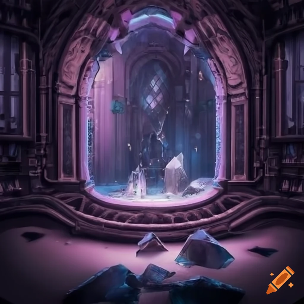 Intricate fantasy machine room with a broken crystal