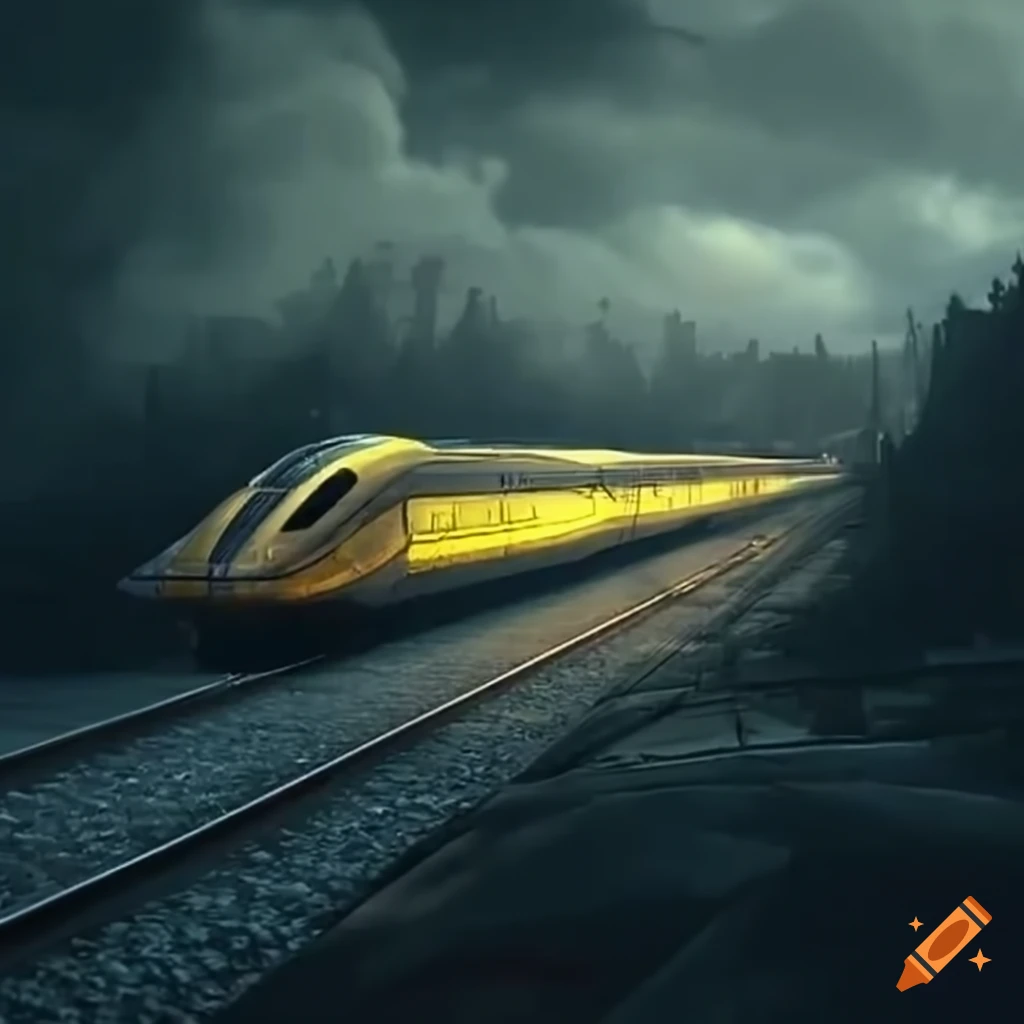 Detailed dark yellow futuristic train in war-torn landscape