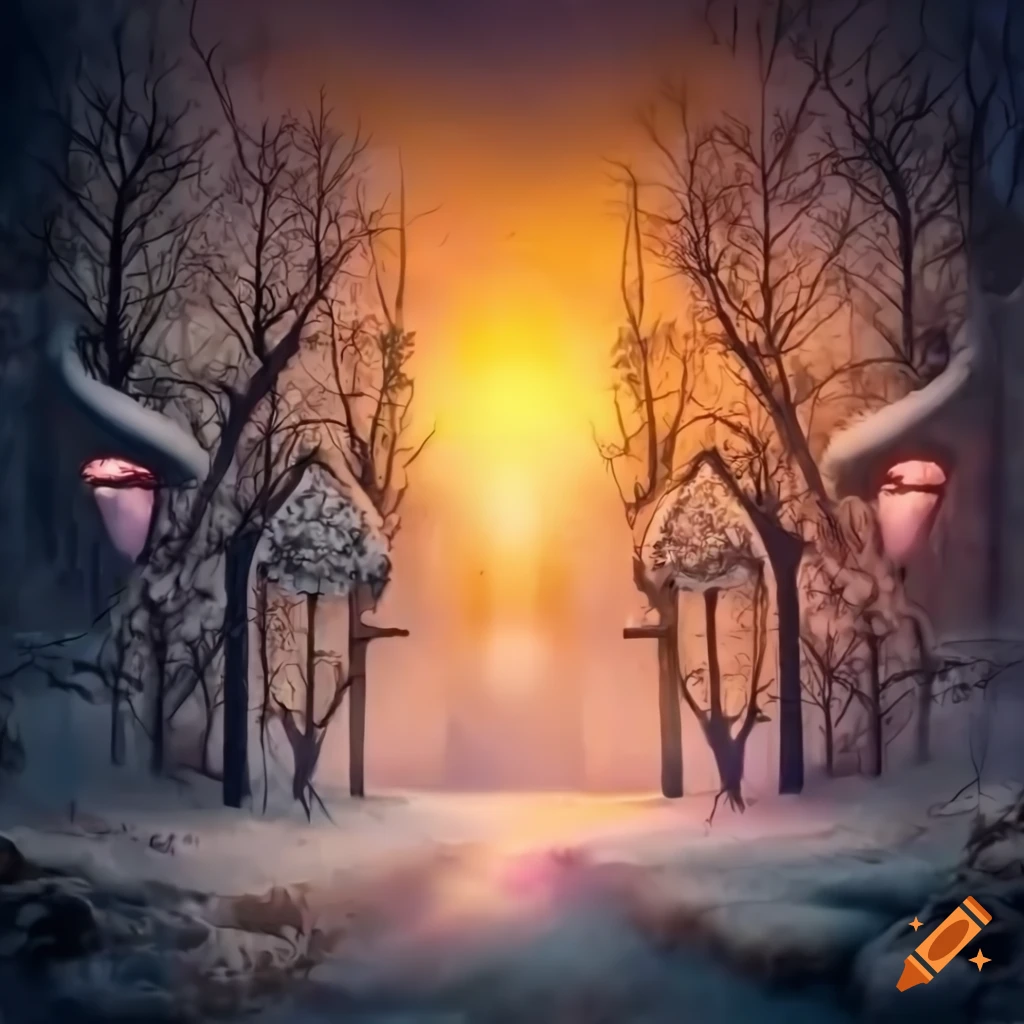 Surreal winter landscape with strange creatures and glowing sparks on ...