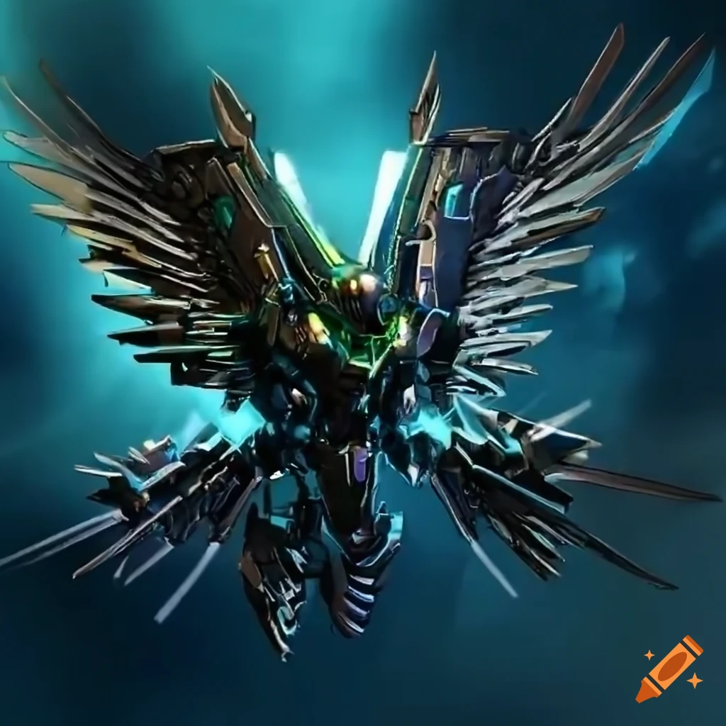 Violet space mech with wings in an evil depiction on Craiyon