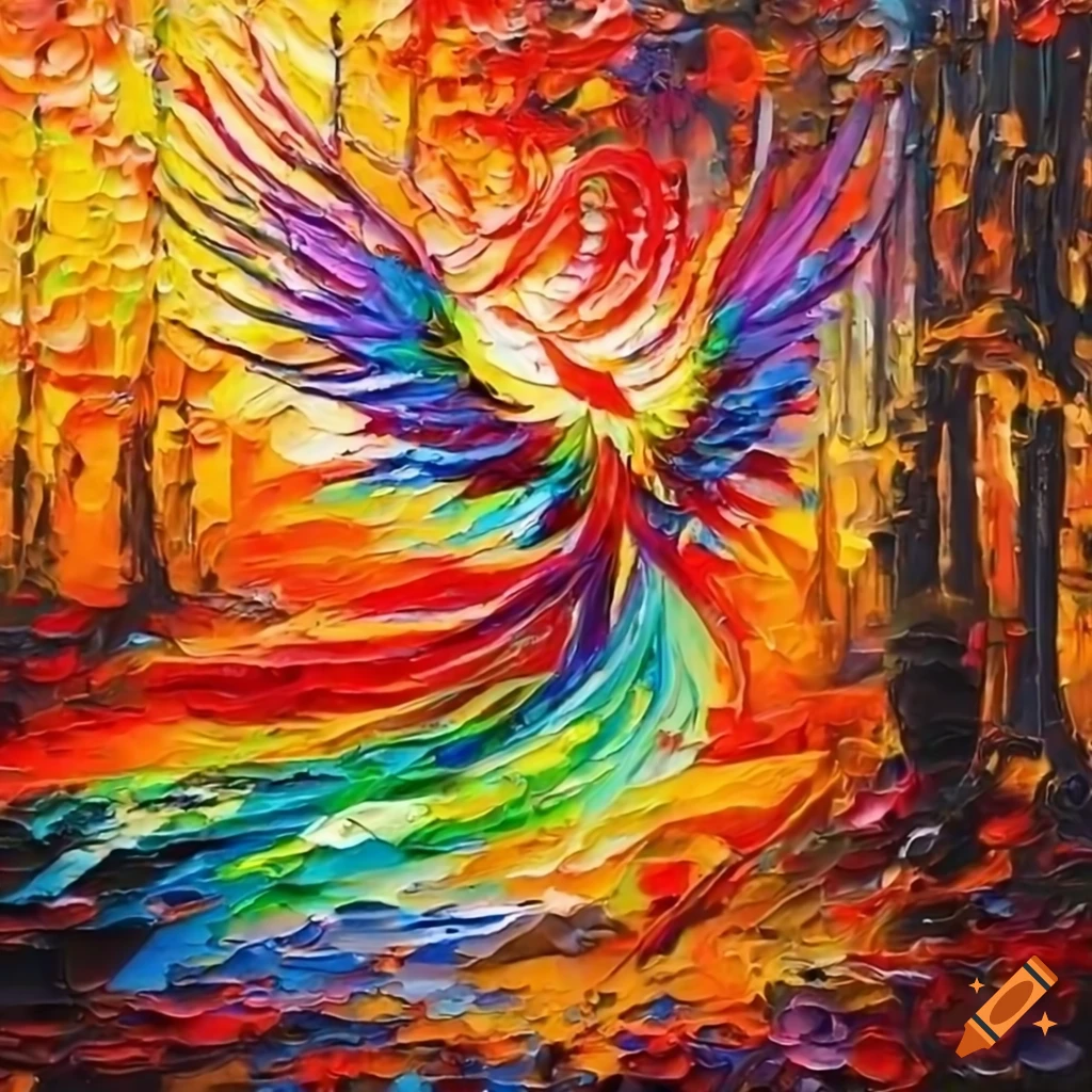 Palette knife painting of a rainbow phoenix in a forest on Craiyon